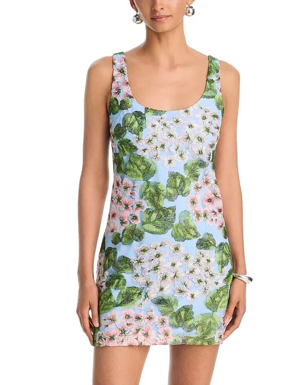 Aqua Hydrangea Embroidered Mini Dress - Blue Multi
