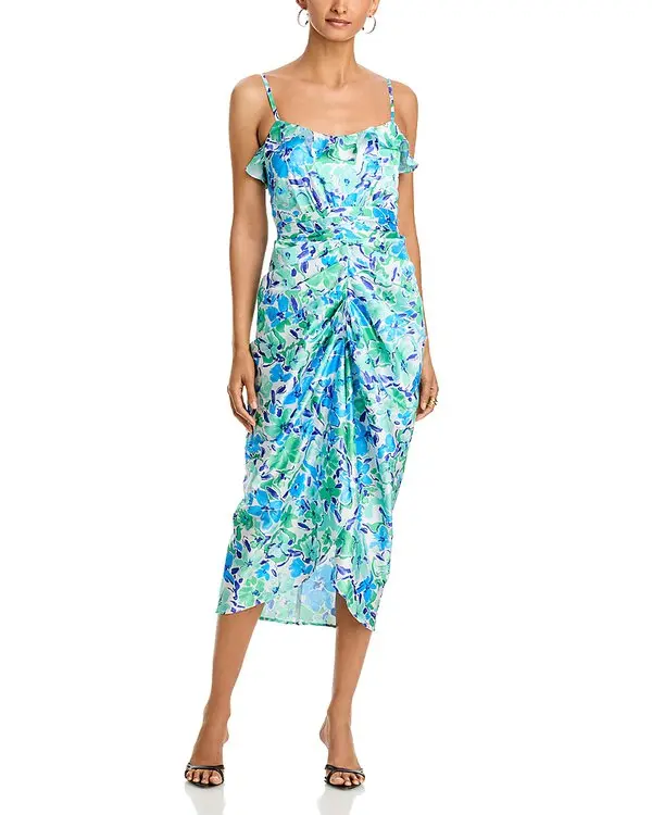 Aqua Floral Ruffle Tie Waist Midi Dress - Blue Multi