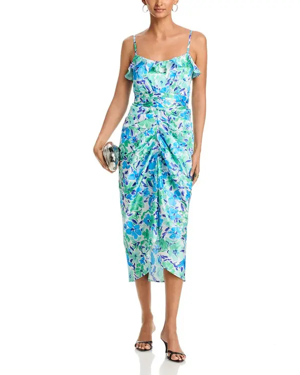 Aqua Floral Ruffle Tie Waist Midi Dress