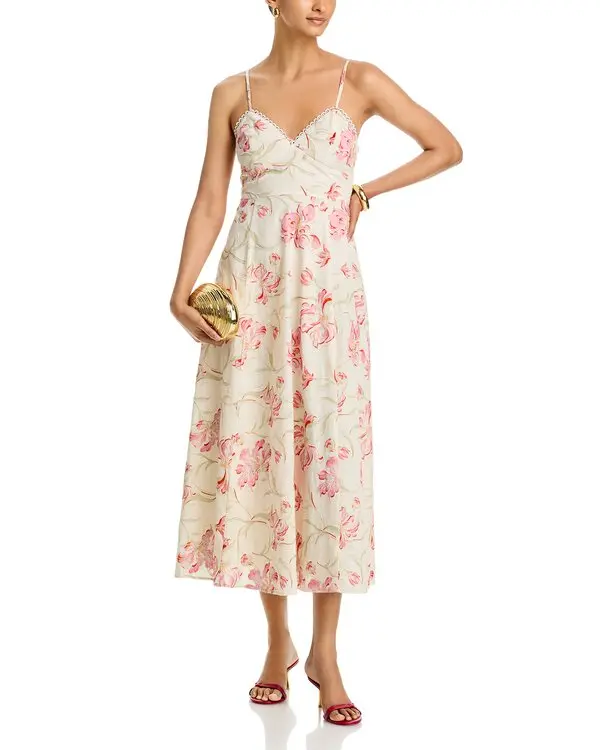 Aqua Embroidered Floral Lace Trim Midi Dress