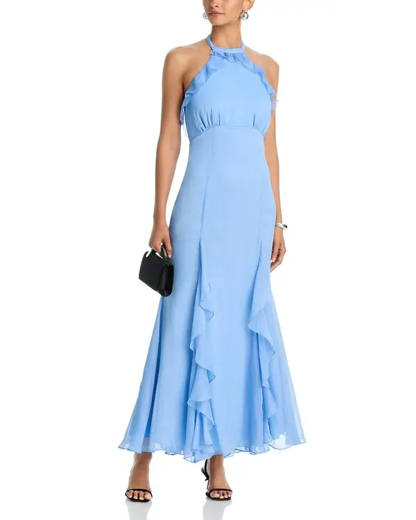 Aqua Ruffle Neck Maxi Dress