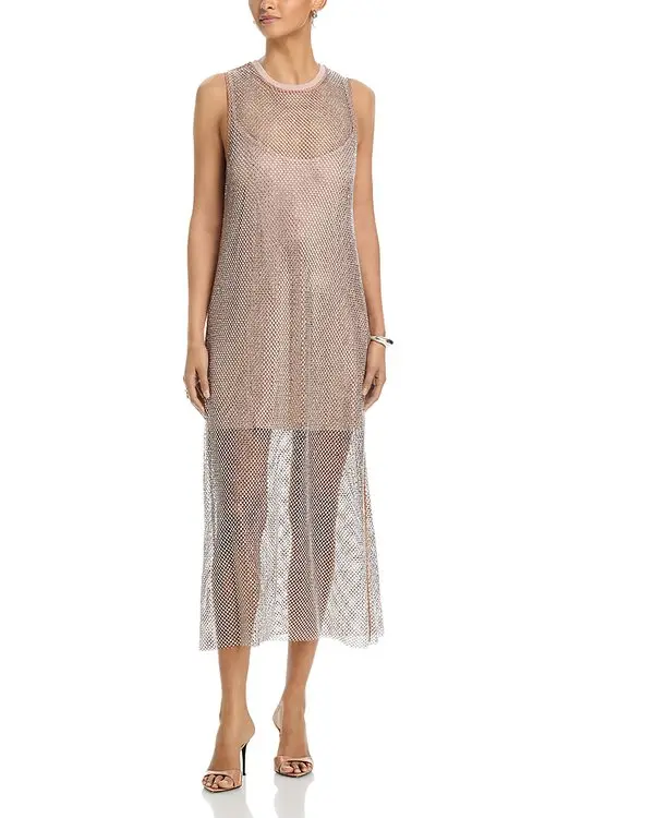 Aqua Crystal Mesh Midi Dress - Nude