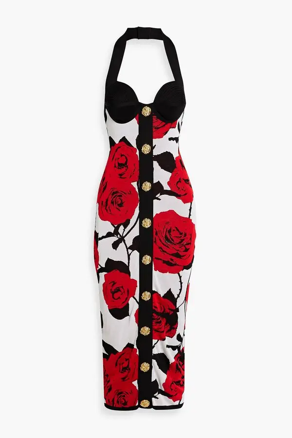 Balmain Jacquard-knit Halterneck Midi Dress - Red
