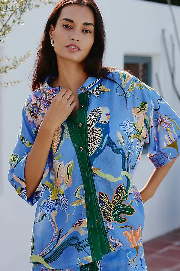 CELANDINE X Sarah Gordon Linen Blend Buttondown Shirt - Blue Pattern