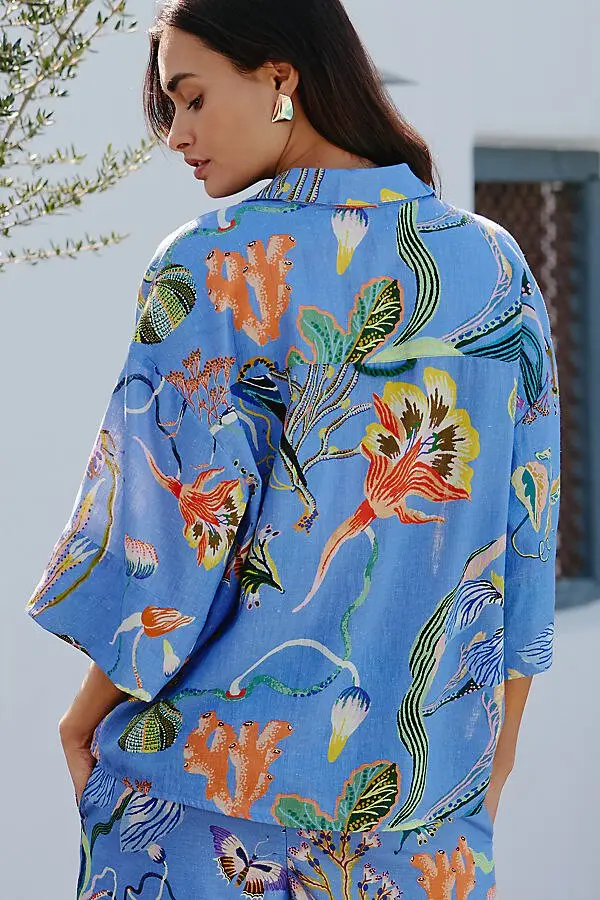 CELANDINE X Sarah Gordon Linen Blend Buttondown Shirt - Blue Pattern
