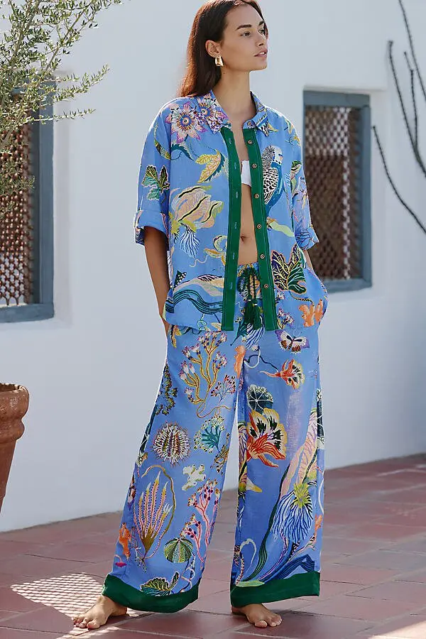 CELANDINE X Sarah Gordon Linen Blend Buttondown Shirt - Blue Pattern