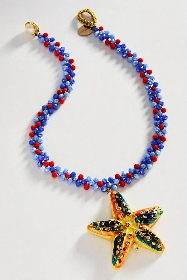 CASHFANA Stella Star Pendant Beaded Necklace - Blue/red
