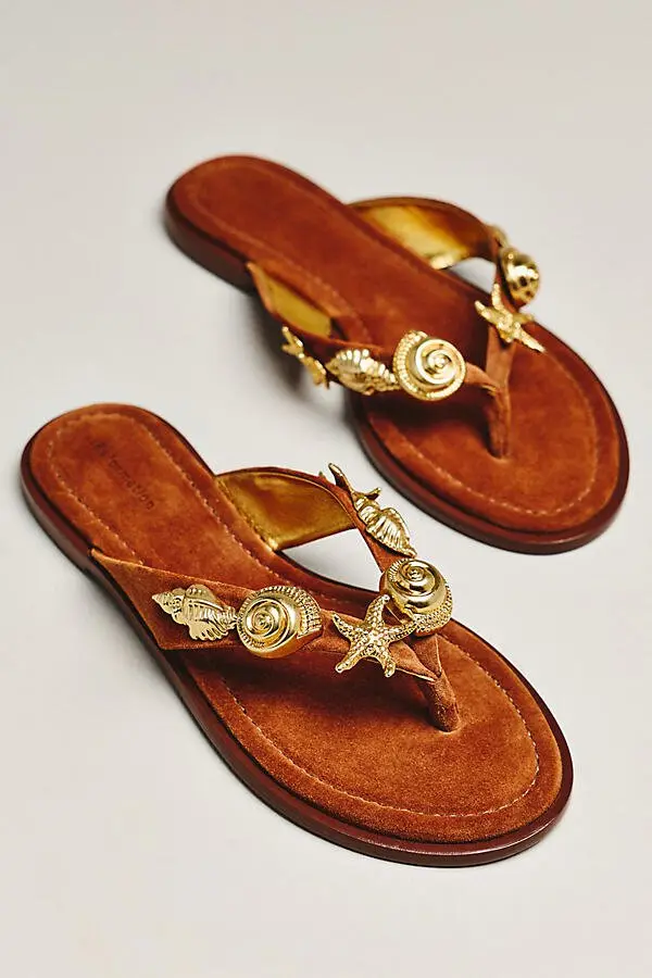 REFORMATION Embellished Flip-flop Sandals - Rum Suede