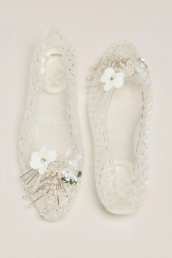 Anthropologie Heavenly Jelly Camelia Embellished Flats - White