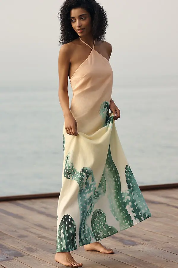 Sigal Cotton Linen Halter Maxi Dress