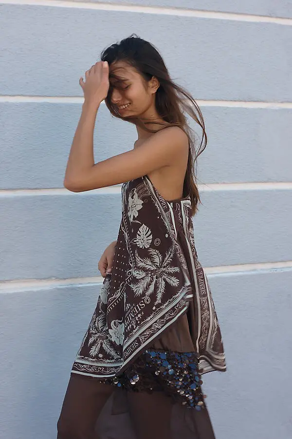SIEMPRE Square-neck Scarf Maxi Dress - Brown Scarf Print