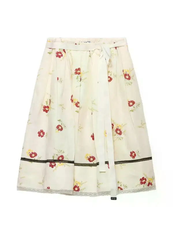 Prada Floral Print Linen Skirt With Lace Trim - Neutrals