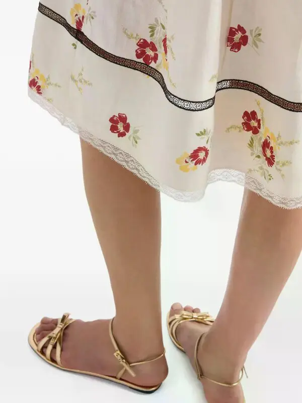 Prada Floral Print Linen Skirt With Lace Trim - Neutrals