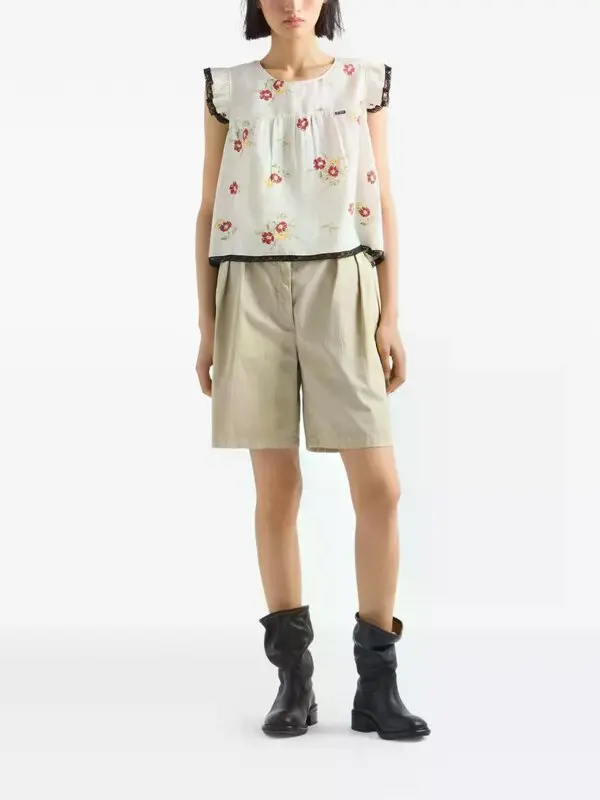 Prada Linen Top With Floral Motif And Lace Trim - Neutrals