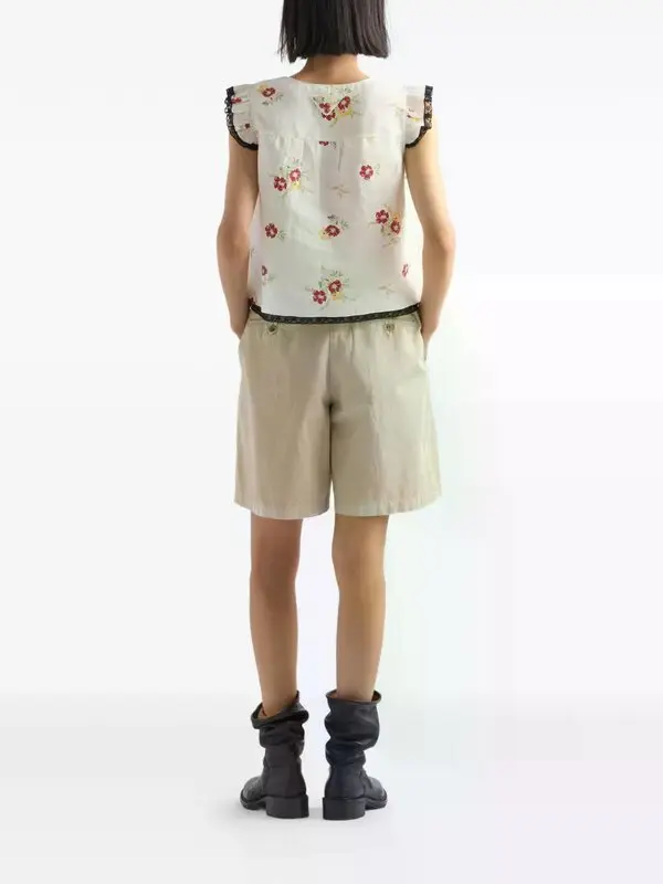 Prada Linen Top With Floral Motif And Lace Trim - Neutrals