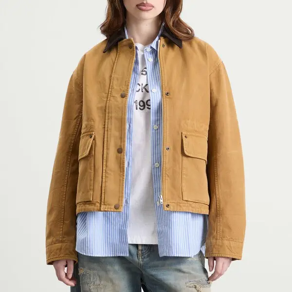 Acne Studios Canvas Wash Jacket With Leather Collar - Rust Brown
