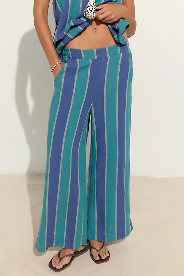 Free People Sightseer Linen Striped Pant Set - Navy Combo