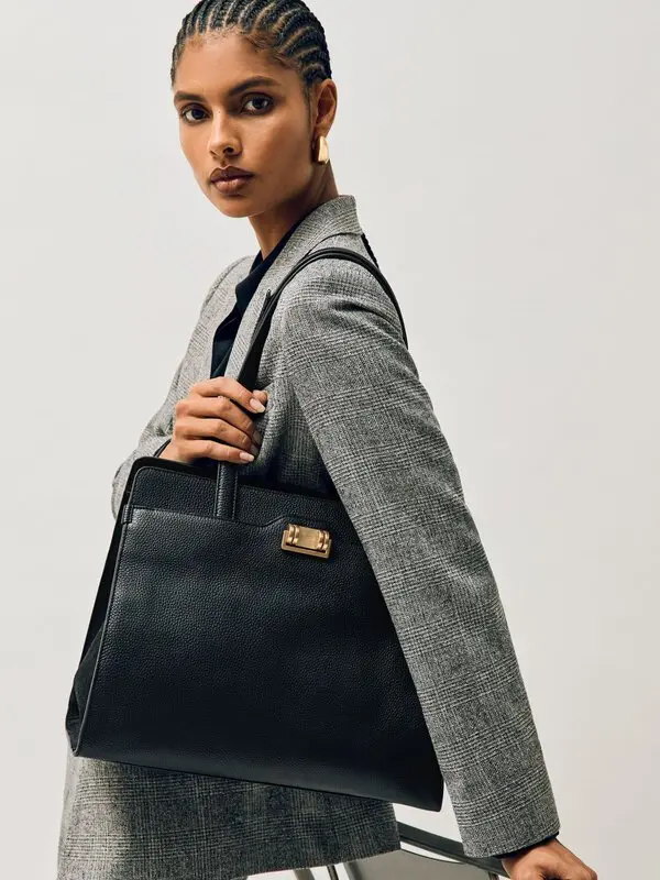 REISS Delphine Grained Leather Tote - Black