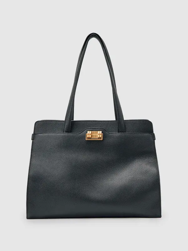REISS Delphine Grained Leather Tote - Black