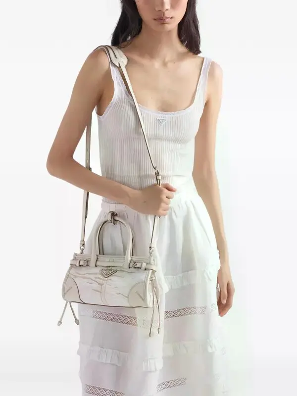 Prada Printed Linen And Leather Handbag - Neutrals