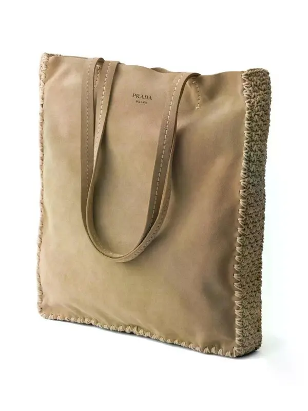 Prada Suede And Crochet Tote Bag - Neutrals