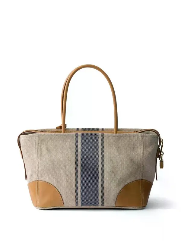 Prada Large Canvas And Leather Tote Bag - Neutrals