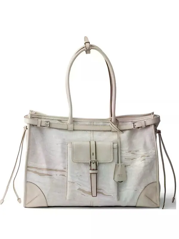 Prada Bonnie Printed Linen And Leather Tote Bag - Neutrals