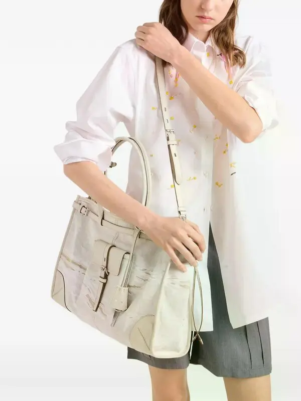 Prada Bonnie Printed Linen And Leather Tote Bag - Neutrals