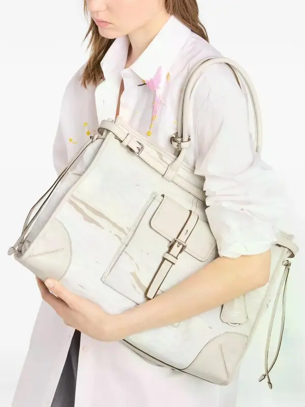 Prada Bonnie Printed Linen And Leather Tote Bag - Neutrals