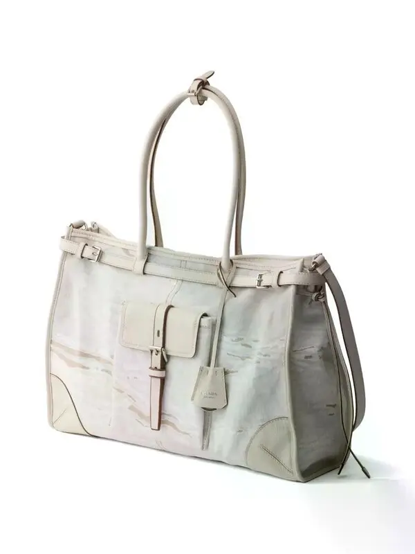 Prada Bonnie Printed Linen And Leather Tote Bag - Neutrals