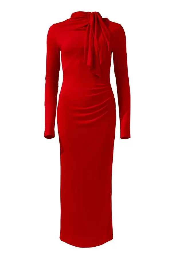 LENDROP STUDIOS Yuna Tie Neck Midi Dress - Red