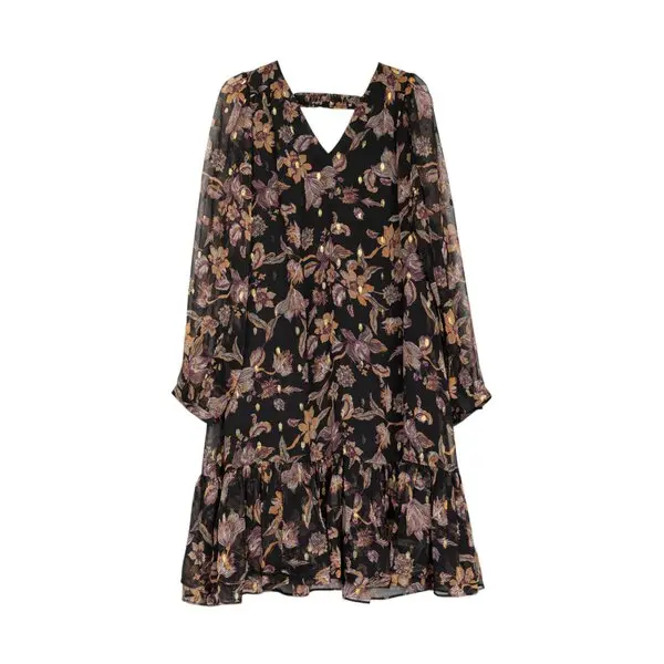 NIZA Floral Print V-neck Dress With Ruffled Hem - Black