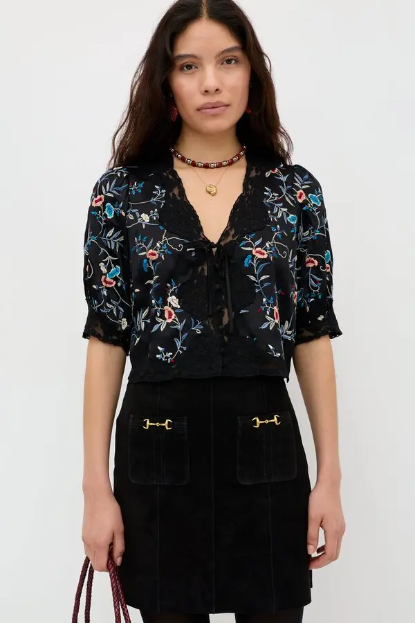 Rixo Botanical Embroidery Ursula Top - Black