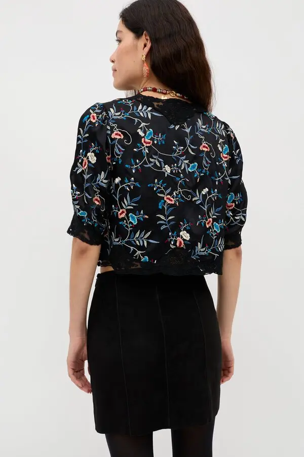 Rixo Botanical Embroidery Ursula Top - Black