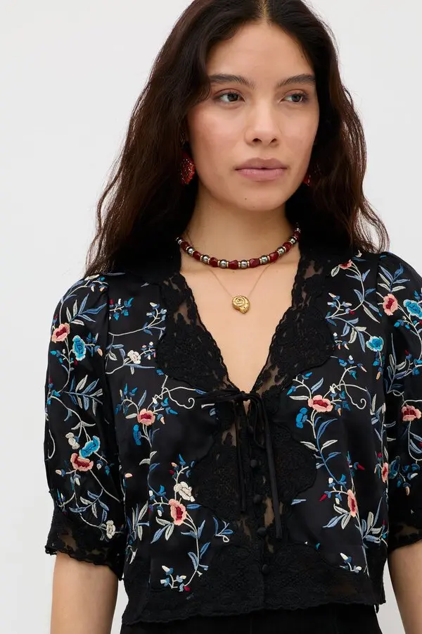 Rixo Botanical Embroidery Ursula Top - Black