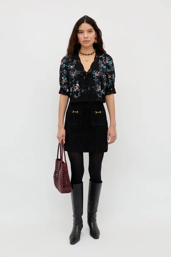 Rixo Botanical Embroidery Ursula Top - Black