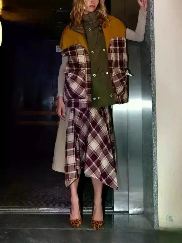 MARBELL Check-pattern Asymmetric Skirt