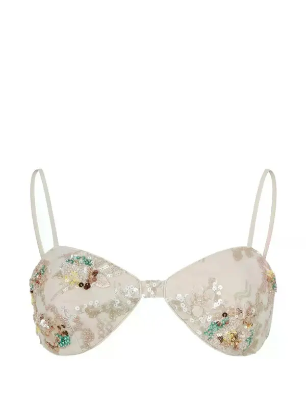 HUI MILANO Sequin-embellished Floral-patch Top - Neutrals