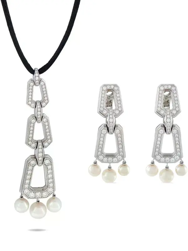 Cartier Chandra Diamond And Pearl Necklace And Earring Set - Silver