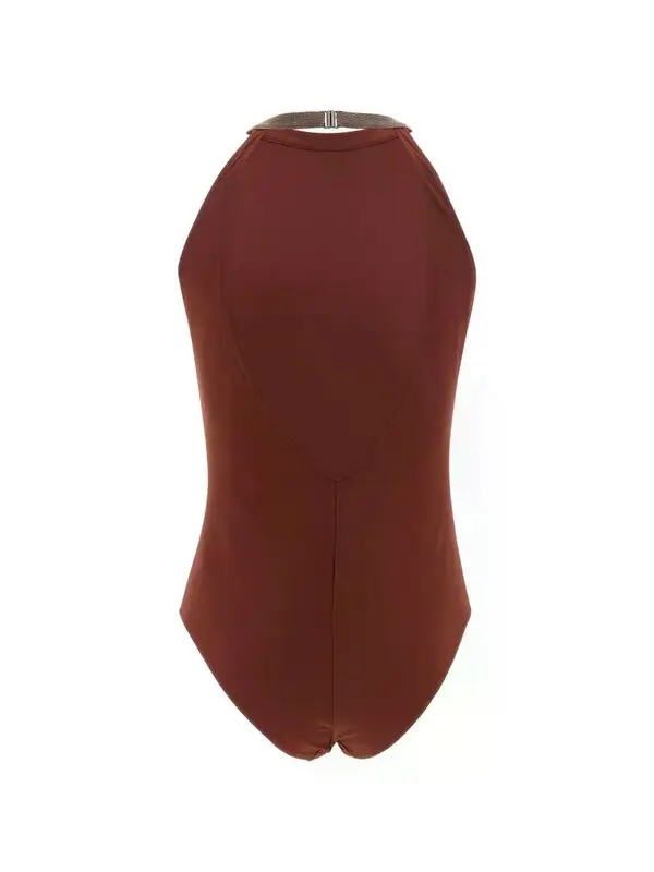 Brunello Cucinelli Precious Collar Halterneck Swimsuit - Brown