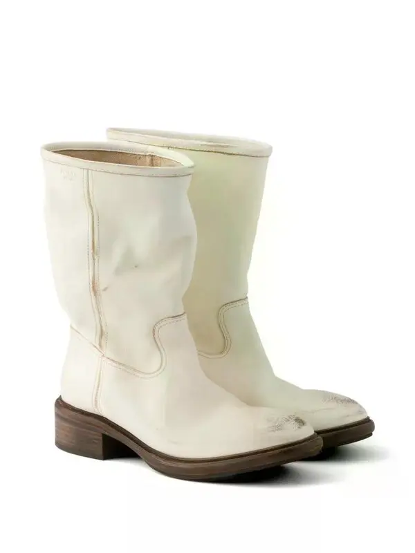 Prada Vintage-effect Leather Mid-calf Boots - Neutrals