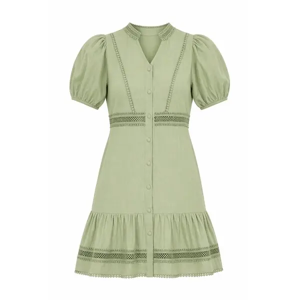 YUMI Cotton Lace Trim Skater Shirt Dress - Green