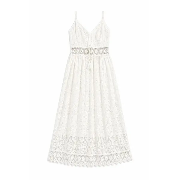 YUMI Lace Midi Sundress With Tassel Tie & Ruched Back - White