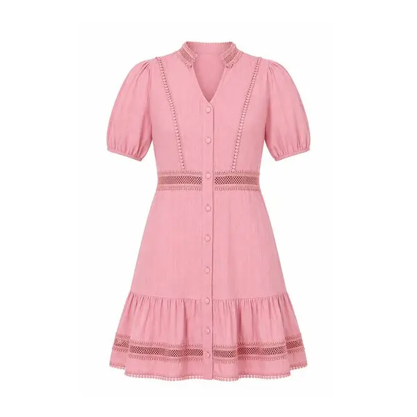YUMI Cotton Lace Trim Skater Shirt Dress - Pink