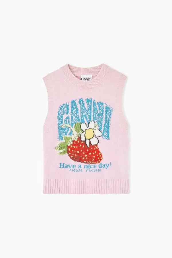 GANNI Strawberry Graphic Wool Vest - Pink