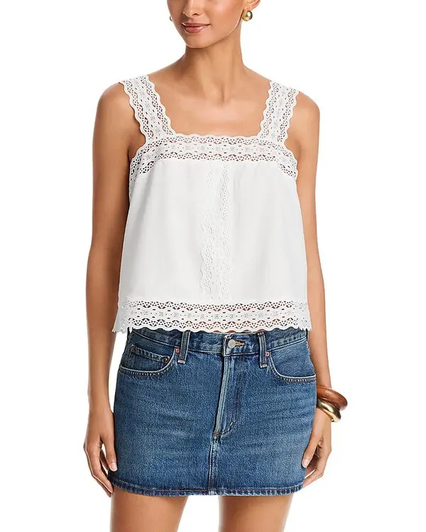 Aqua Lace Trim Square Neck Top - White