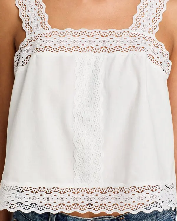 Aqua Lace Trim Square Neck Top - White