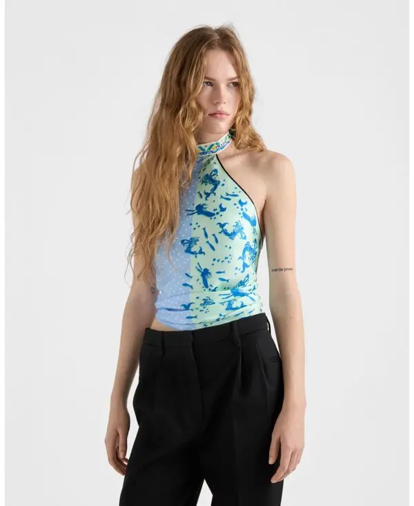 Prada Printed Silk Twill Top - Light Blue