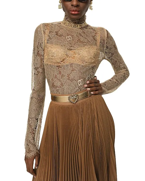 Dolce & Gabbana Floral Lace Turtleneck Blouse - Beige