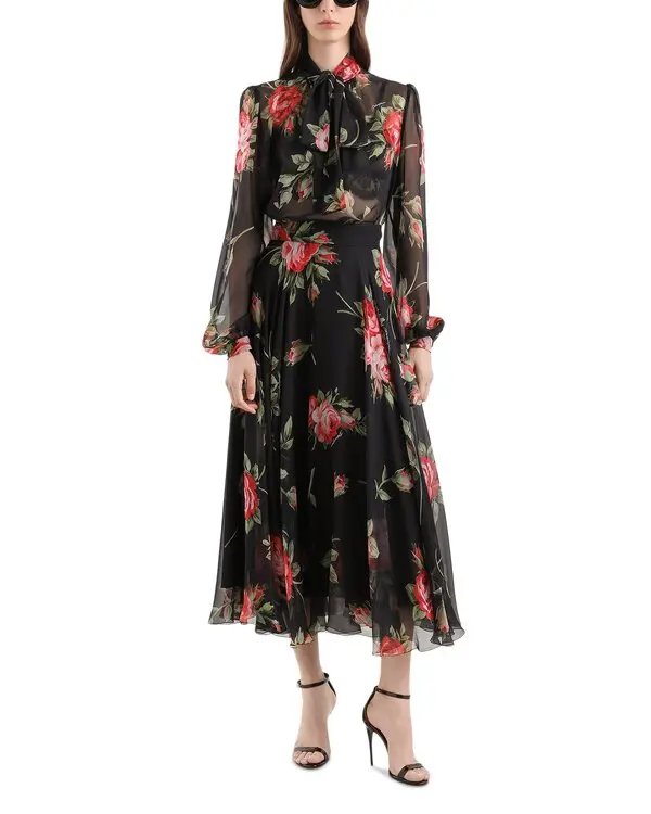 Dolce & Gabbana Silk Blend Rose Bouquet Chiffon Skirt